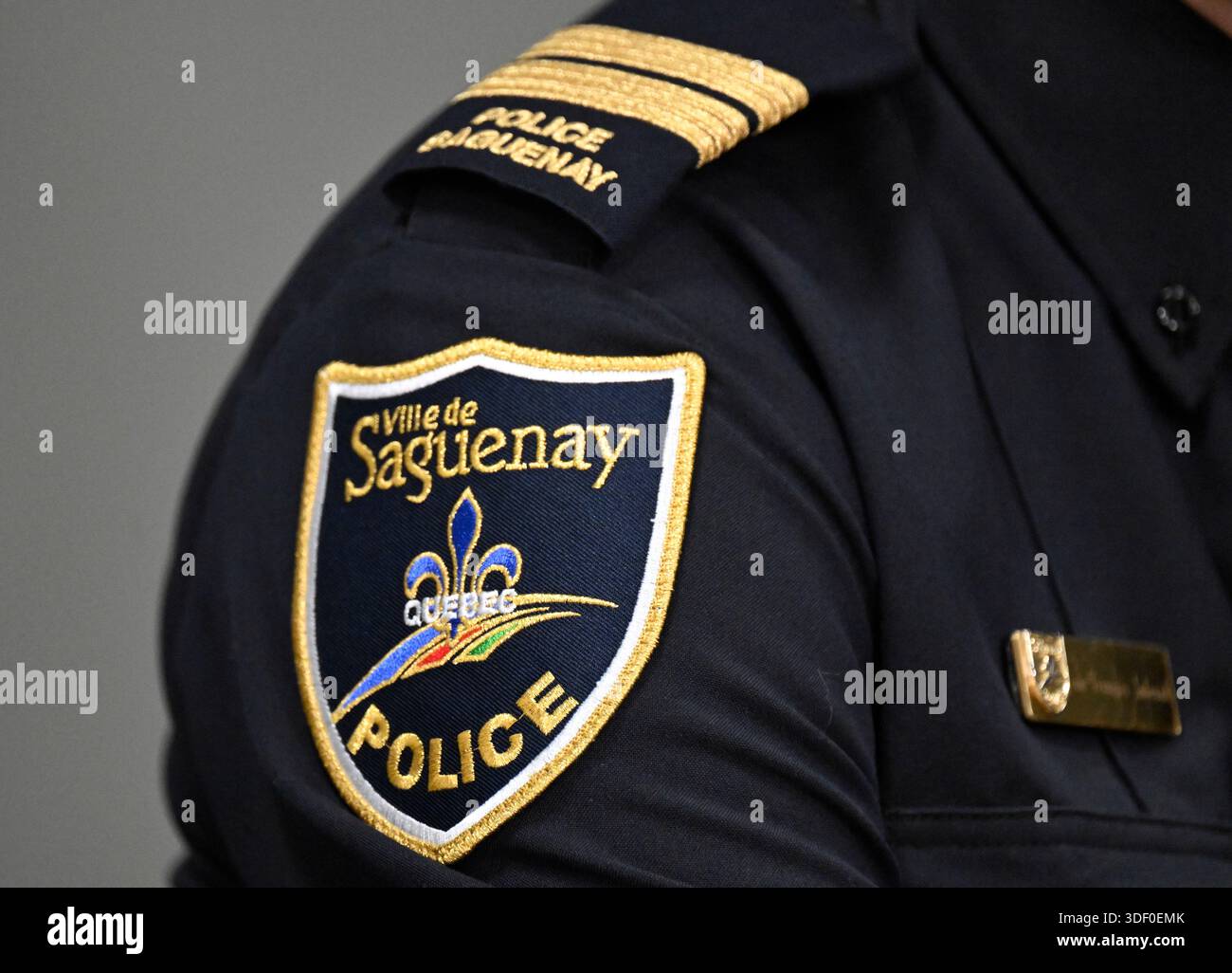 The Saguenay police forces patch at a news conference, in Quebec City ...