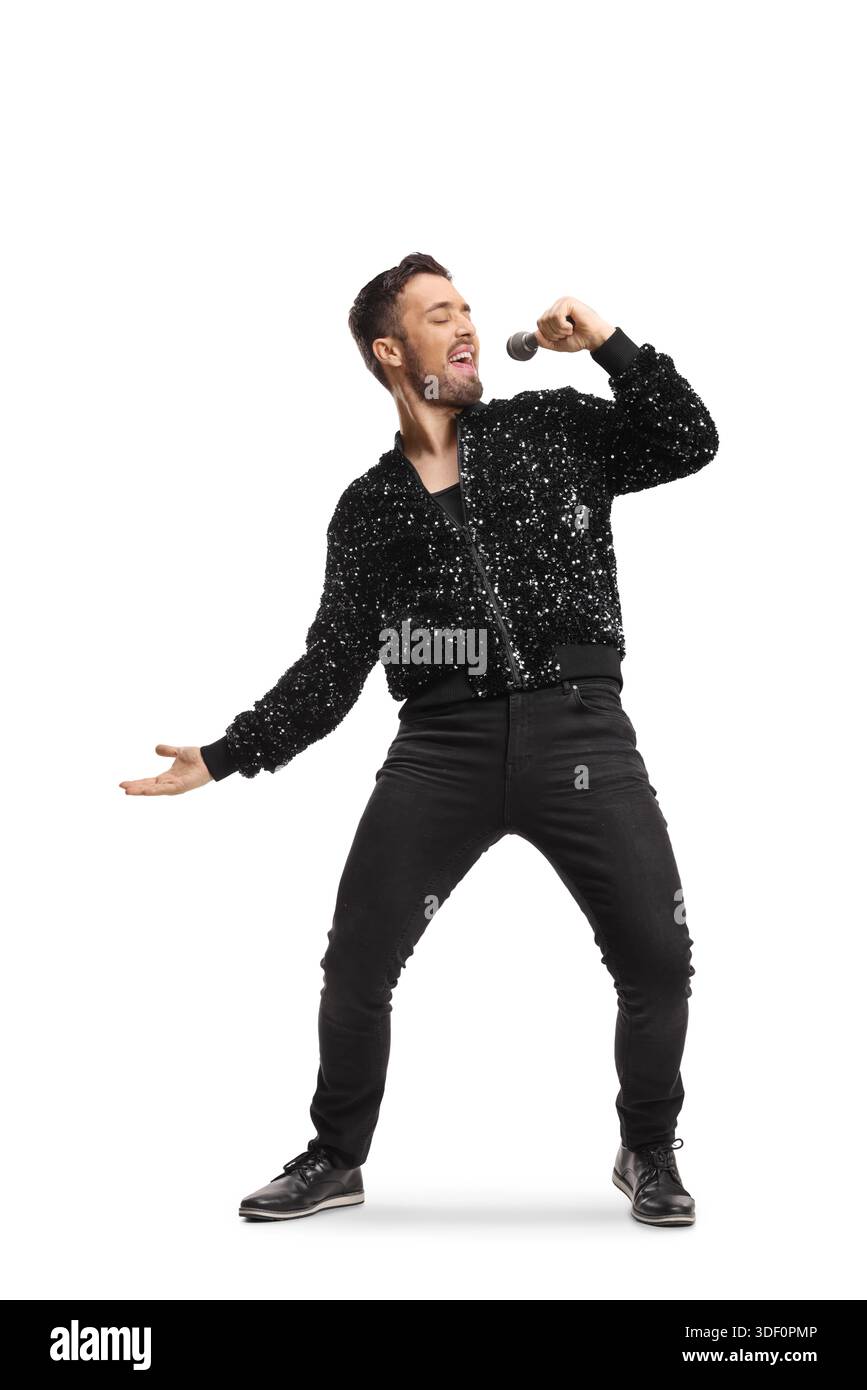 Male singer performing in a black sequin bomber jacket isolated on ...
