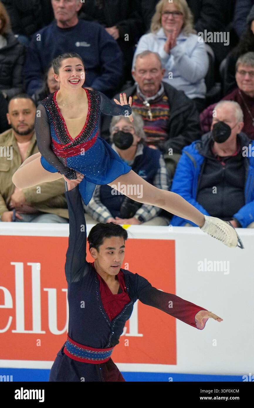 Olivia Flores and Luke Wang compete during the pairs free skating ...