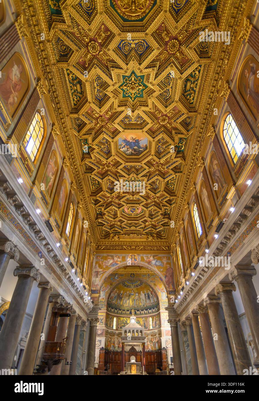 Golden coffered ceiling and medieval mosaics inside the Basilica of ...