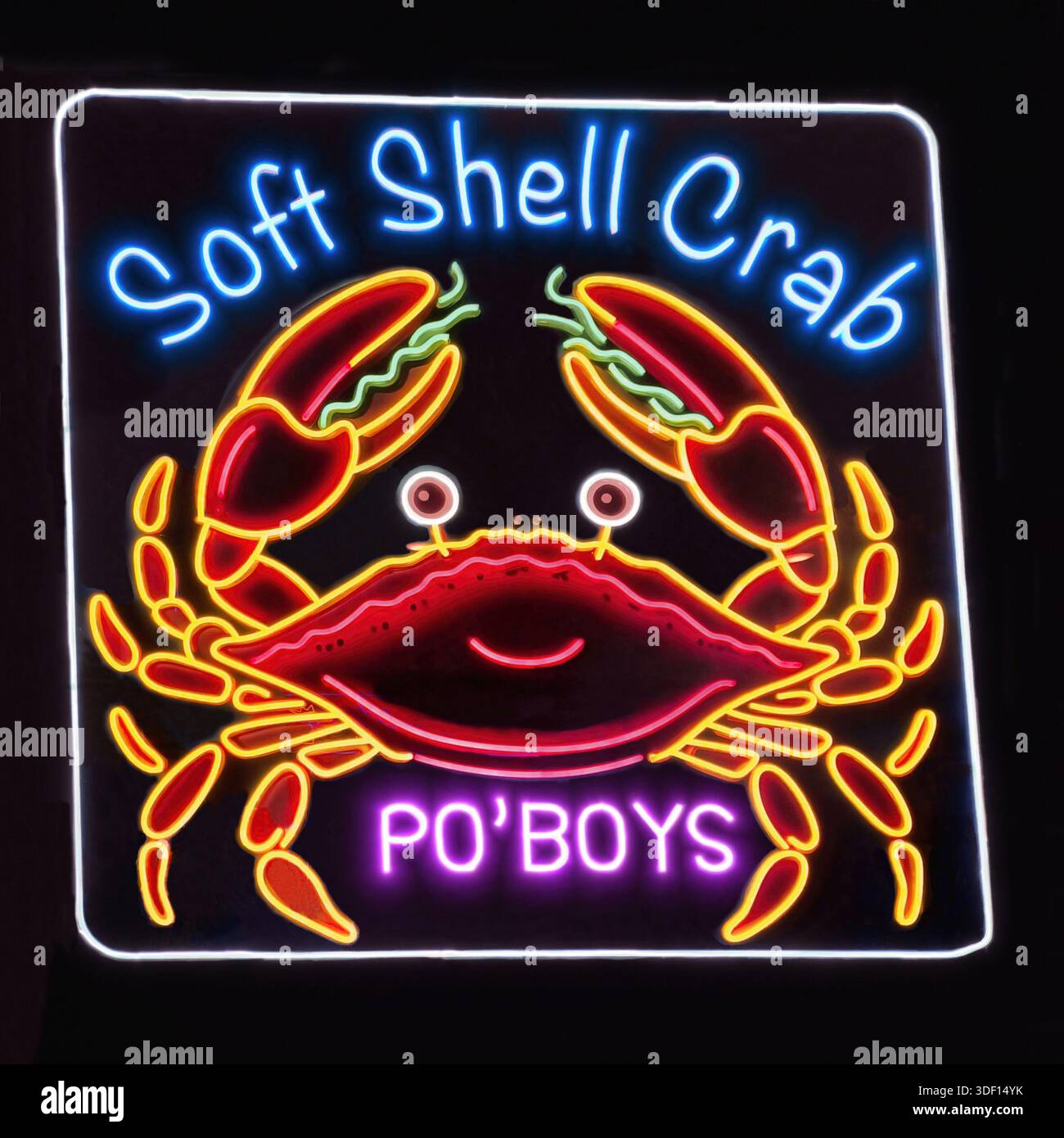 Neon sign advertising soft shell crab po boy sandwich Stock Photo - Alamy