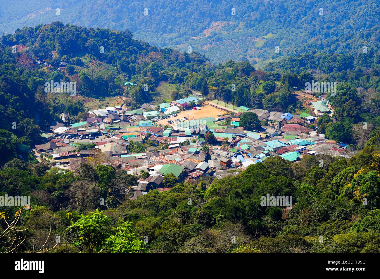 Aerial view of the Hmong Doi Pui Village nestled in the lush mountains ...