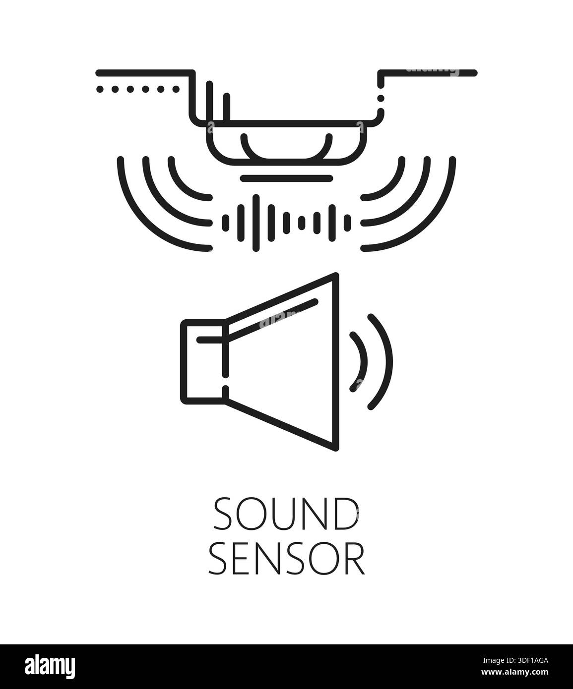 Sound detector, safety control sensor line icon. Sound detection alarm ...