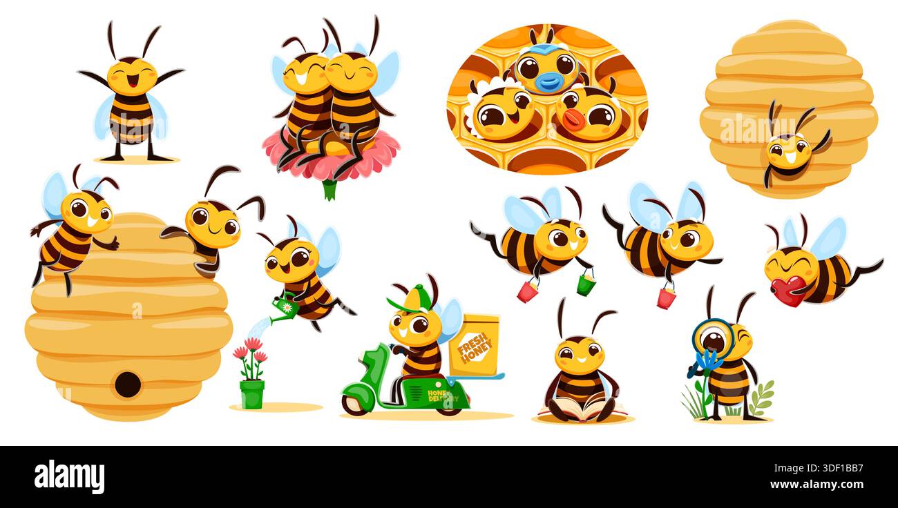 Cartoon funny bee characters. Cute cheerful vector insect personages in ...