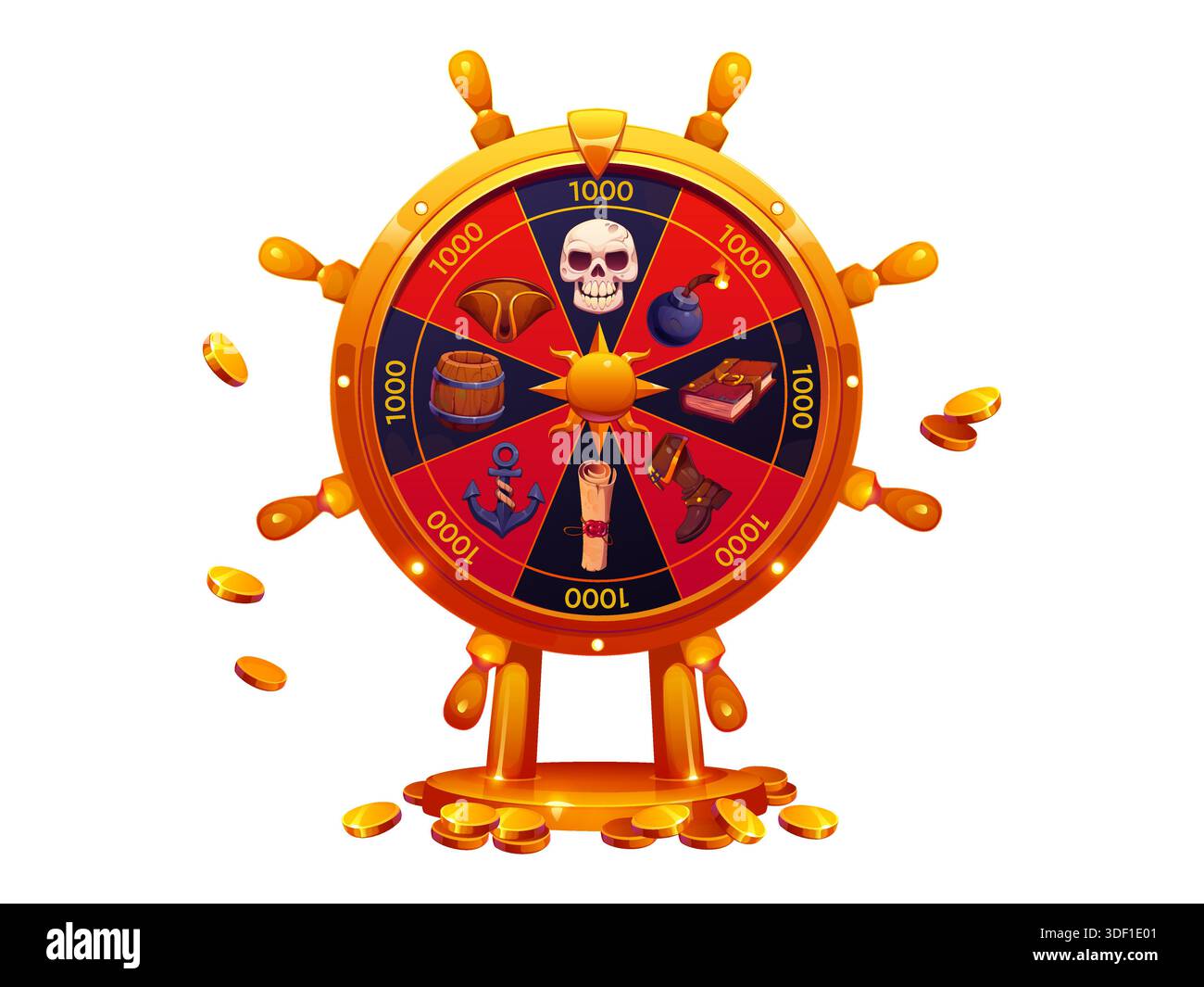Fortune wheel spin with pirate elements. Cartoon vector wooden ship ...