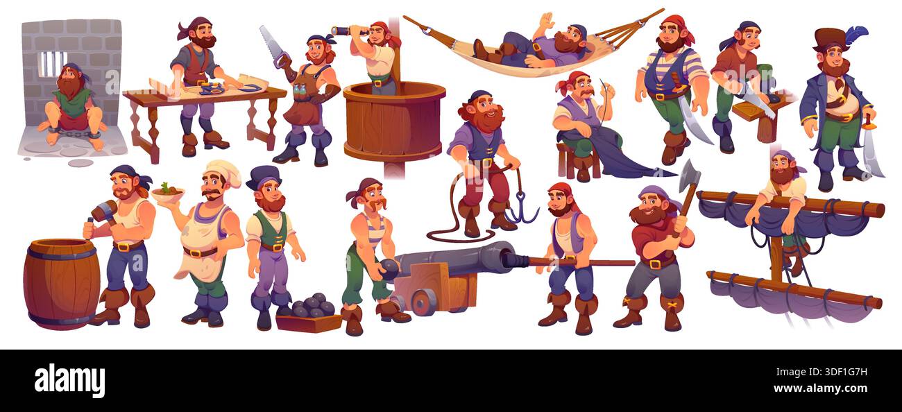 Cartoon pirate characters, corsair ship crew members set. Funny captain ...