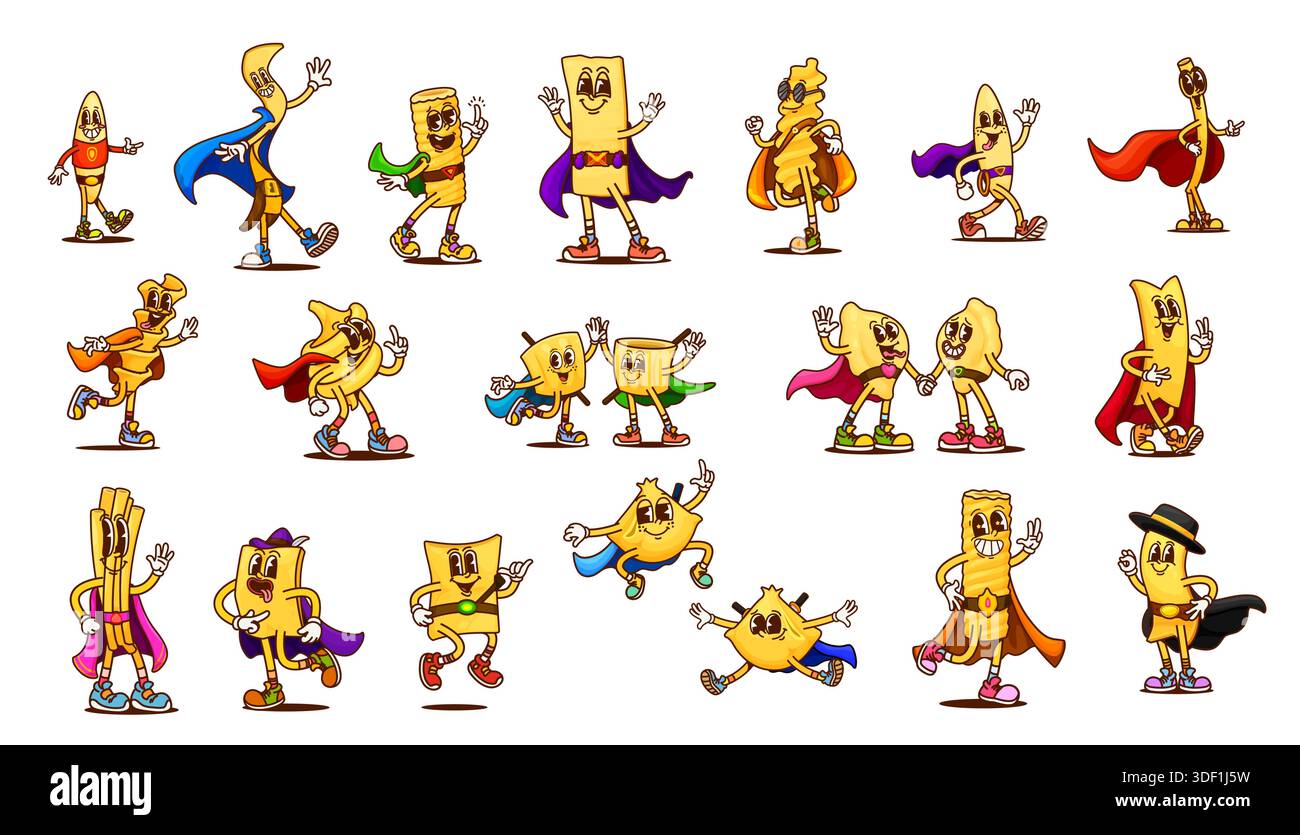 Cartoon groovy italian pasta food superhero characters. Vector retro ...