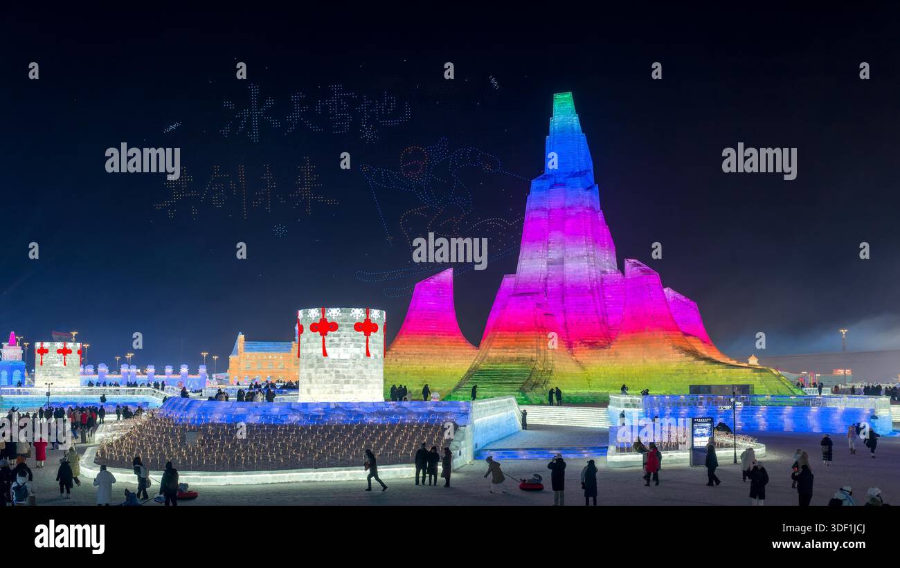Fireworks illuminate ice sculptures and drones perform aerial ...