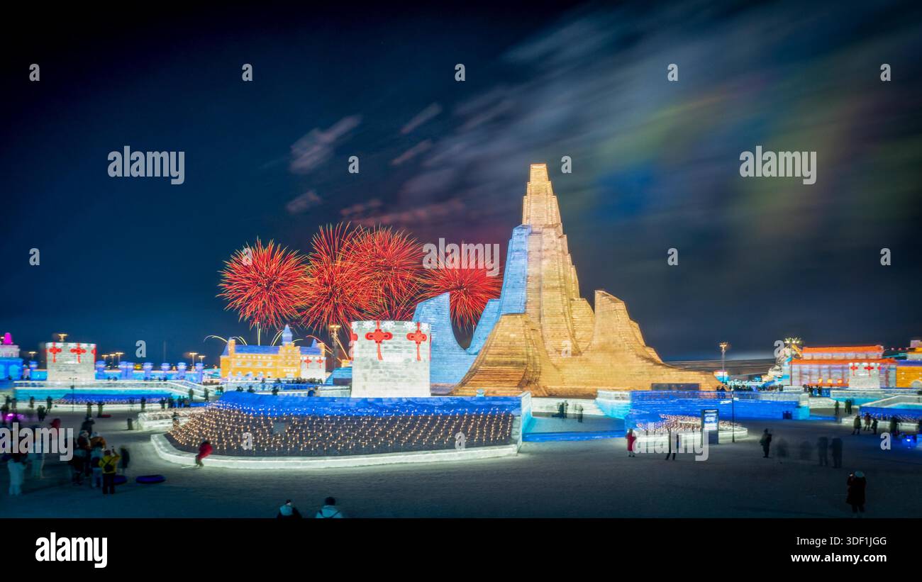 Fireworks illuminate ice sculptures and drones perform aerial ...