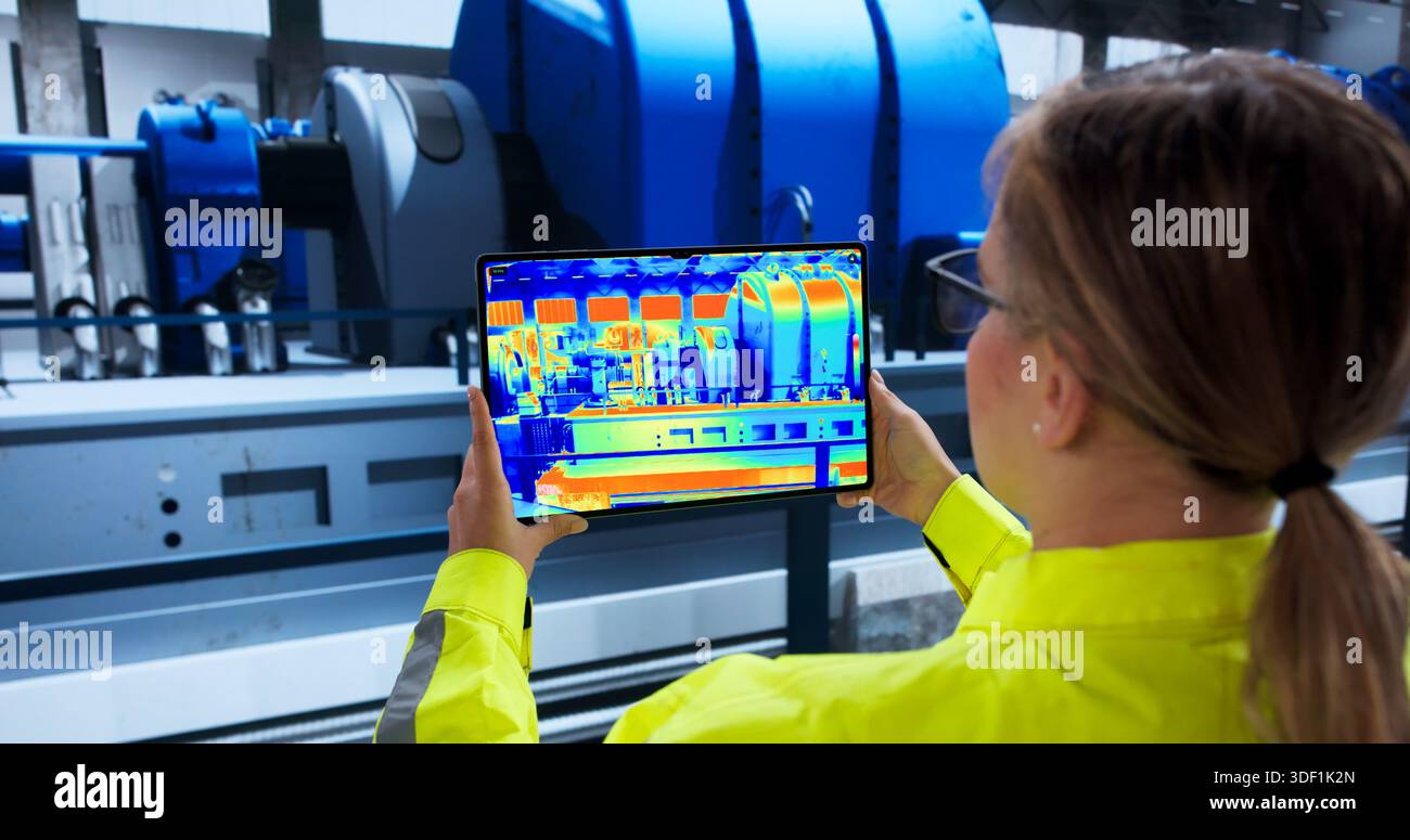 Female Engineer Inspects Gas Turbine At Power Plant Using Thermal ...