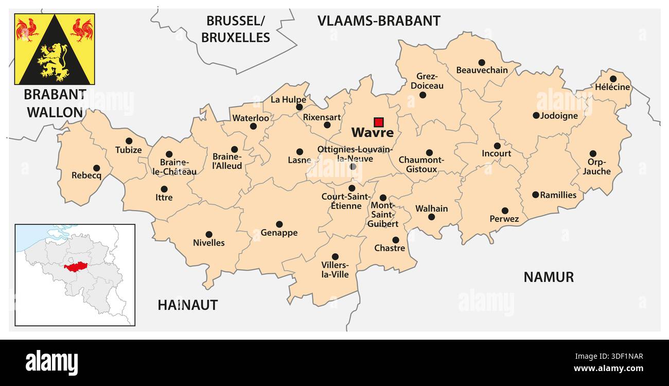 Administrative map of the Belgian province of Walloon Brabant Stock ...