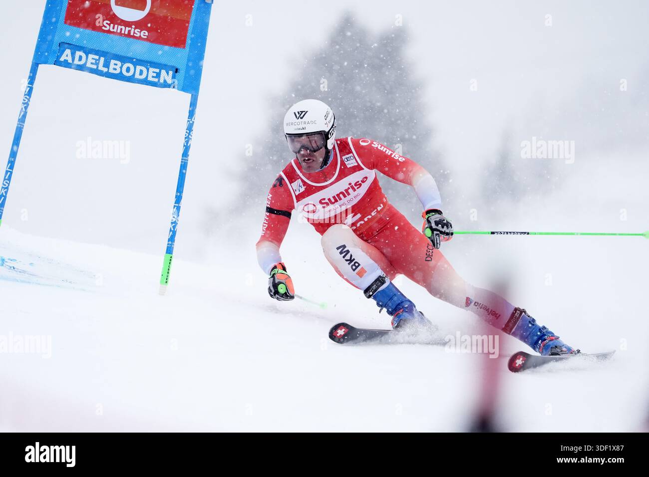 Switzerland's Thomas Tumler speeds down the course during an alpine ski ...