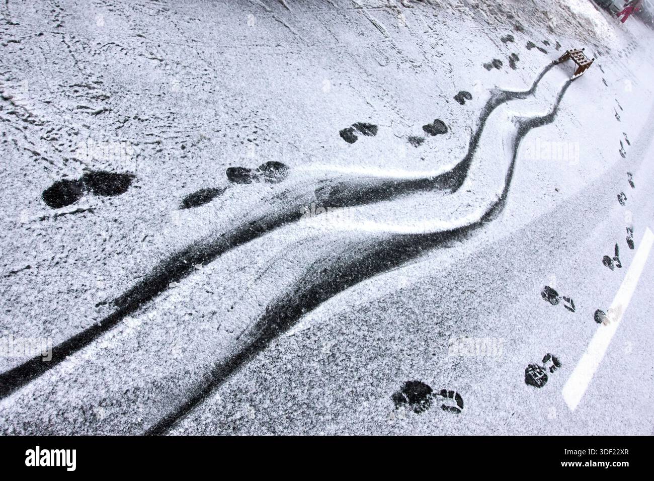 Traces from feet and a sled are seen on top of the Feldberg mountain ...