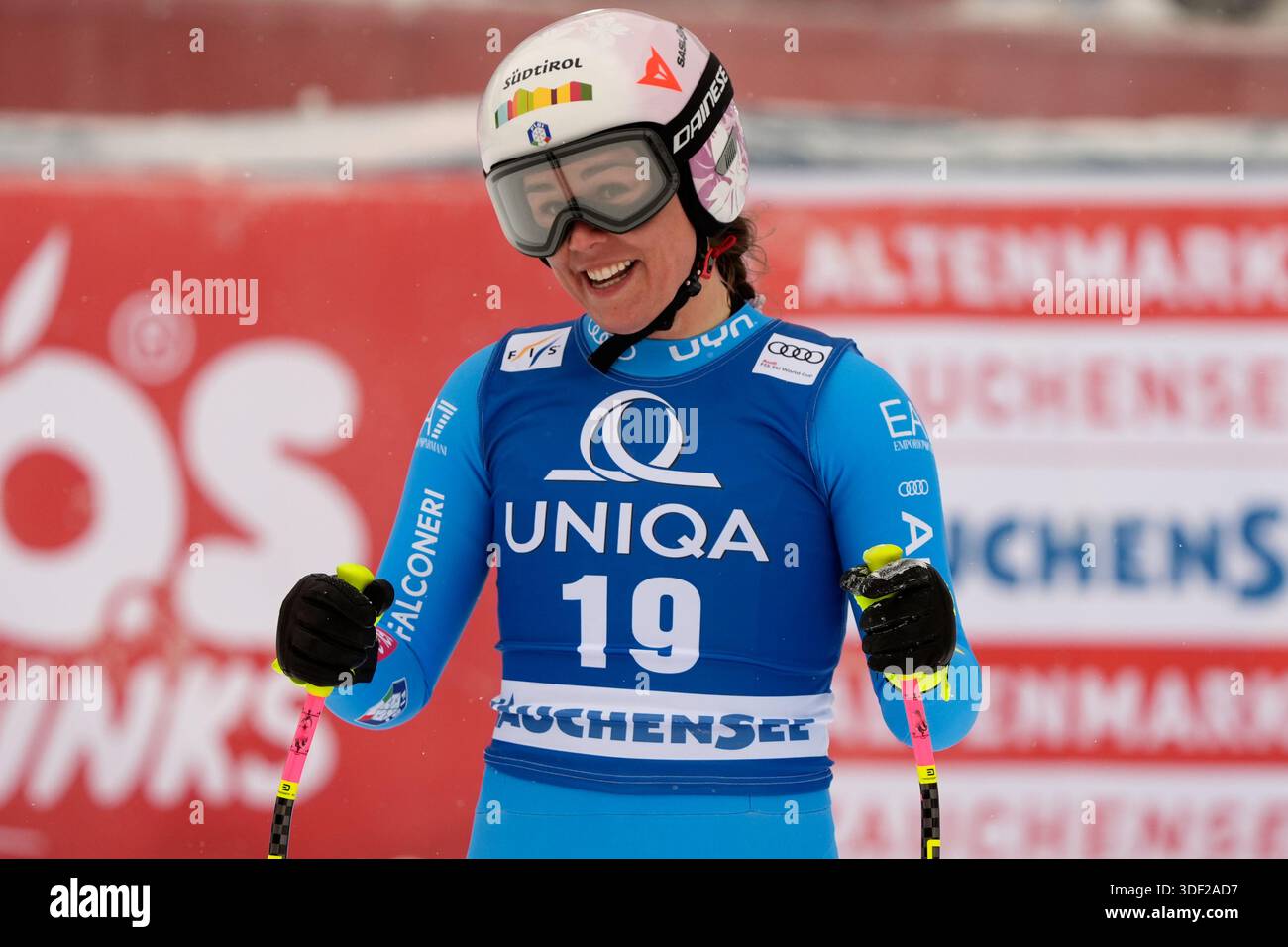 Italy's Nicol Delago reacts at the finish line during an alpine ski ...
