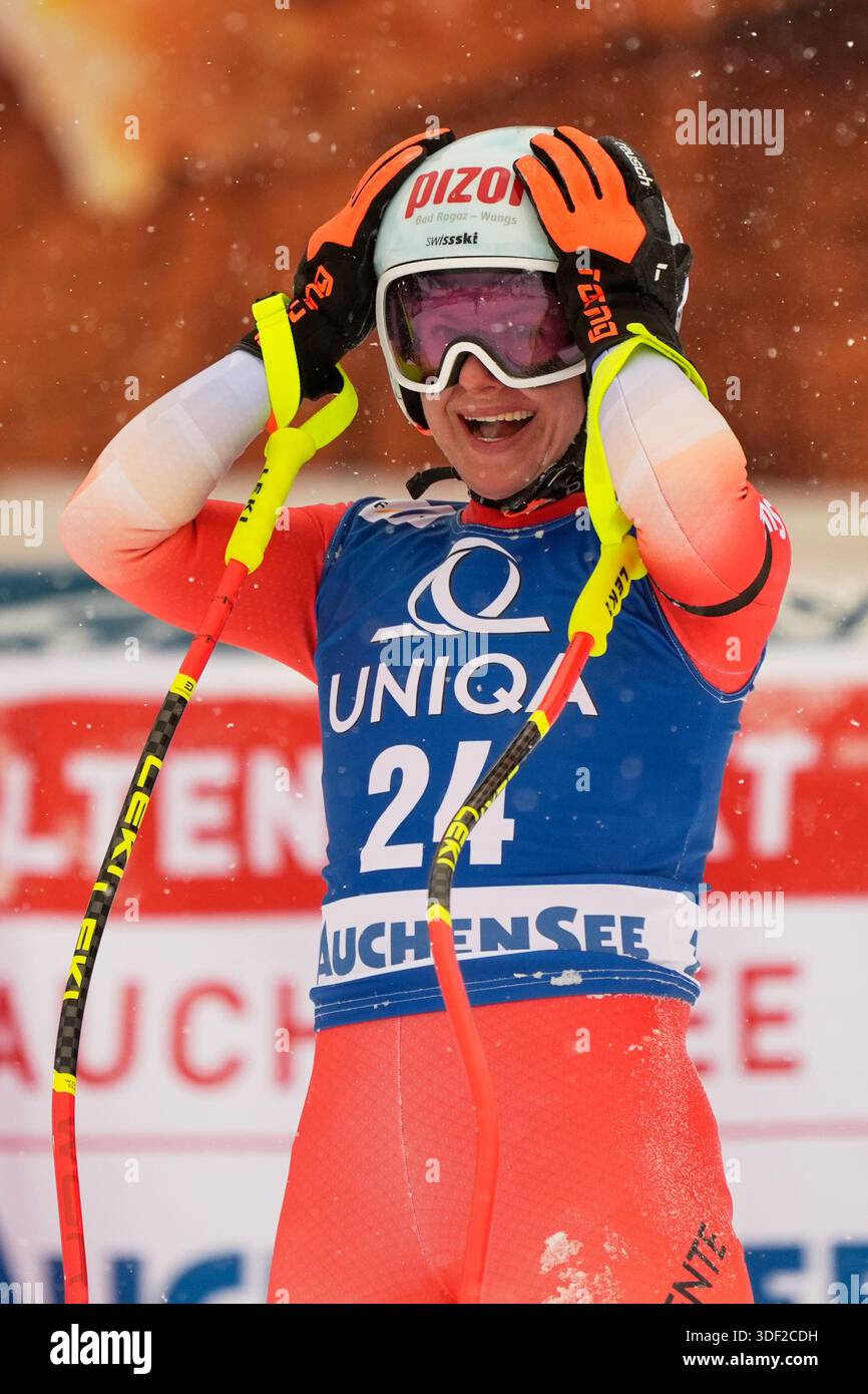 Switzerland's Janine Schmitt reacts at the finish line during an alpine ...