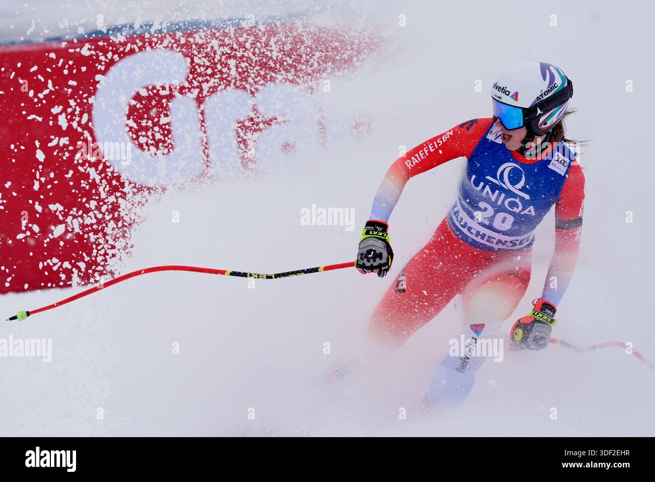 Switzerland's Malorie Blanc reacts at the finish line during an alpine ...