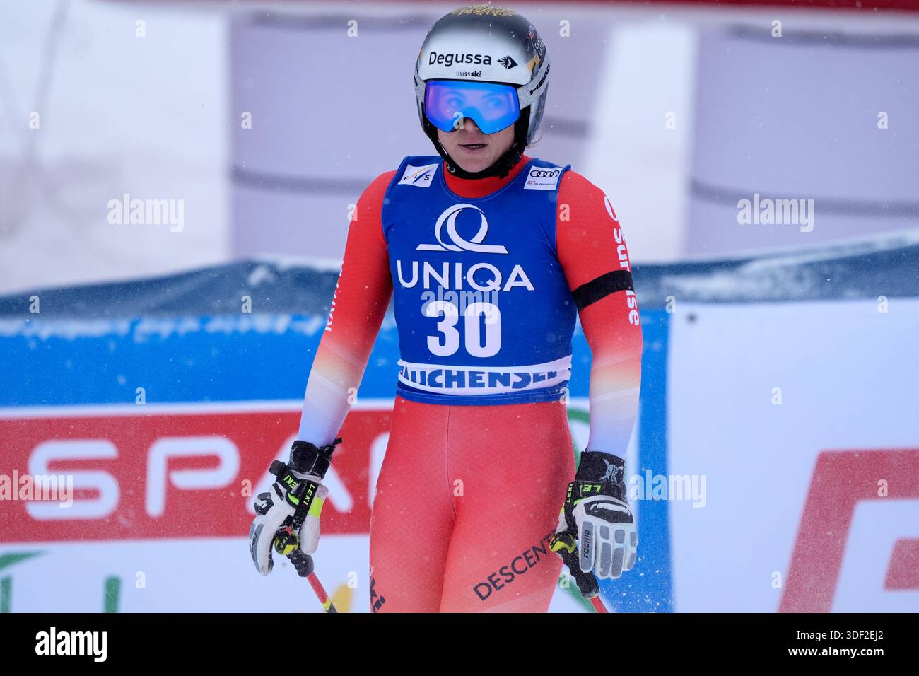 Switzerland's Delia Durrer reacts at the finish line during an alpine ...
