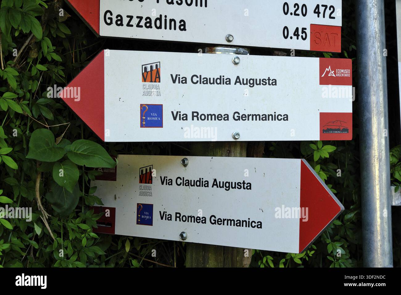 Signs for the Via Romea Germanica and Via Claudia Augusta hiking trails ...
