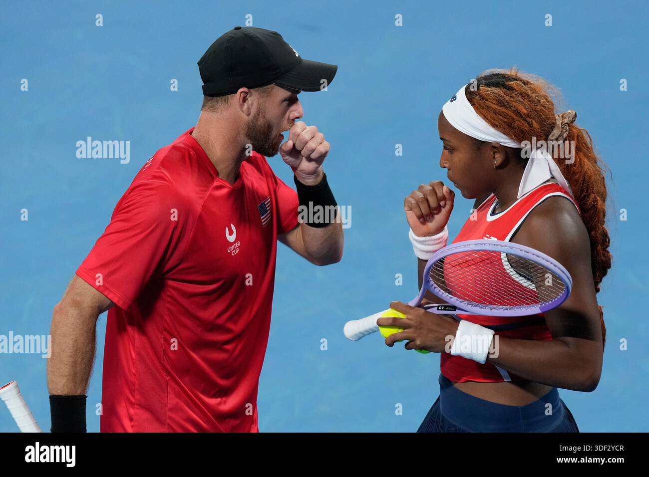 Christian Harrison, left, and Coco Gauff of the U.S. discuss tactics ...