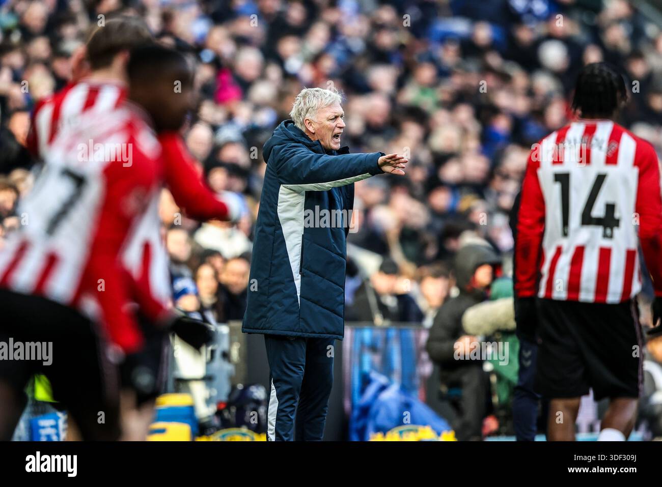 David Moyes manager of Everton gives his team instructions during the ...
