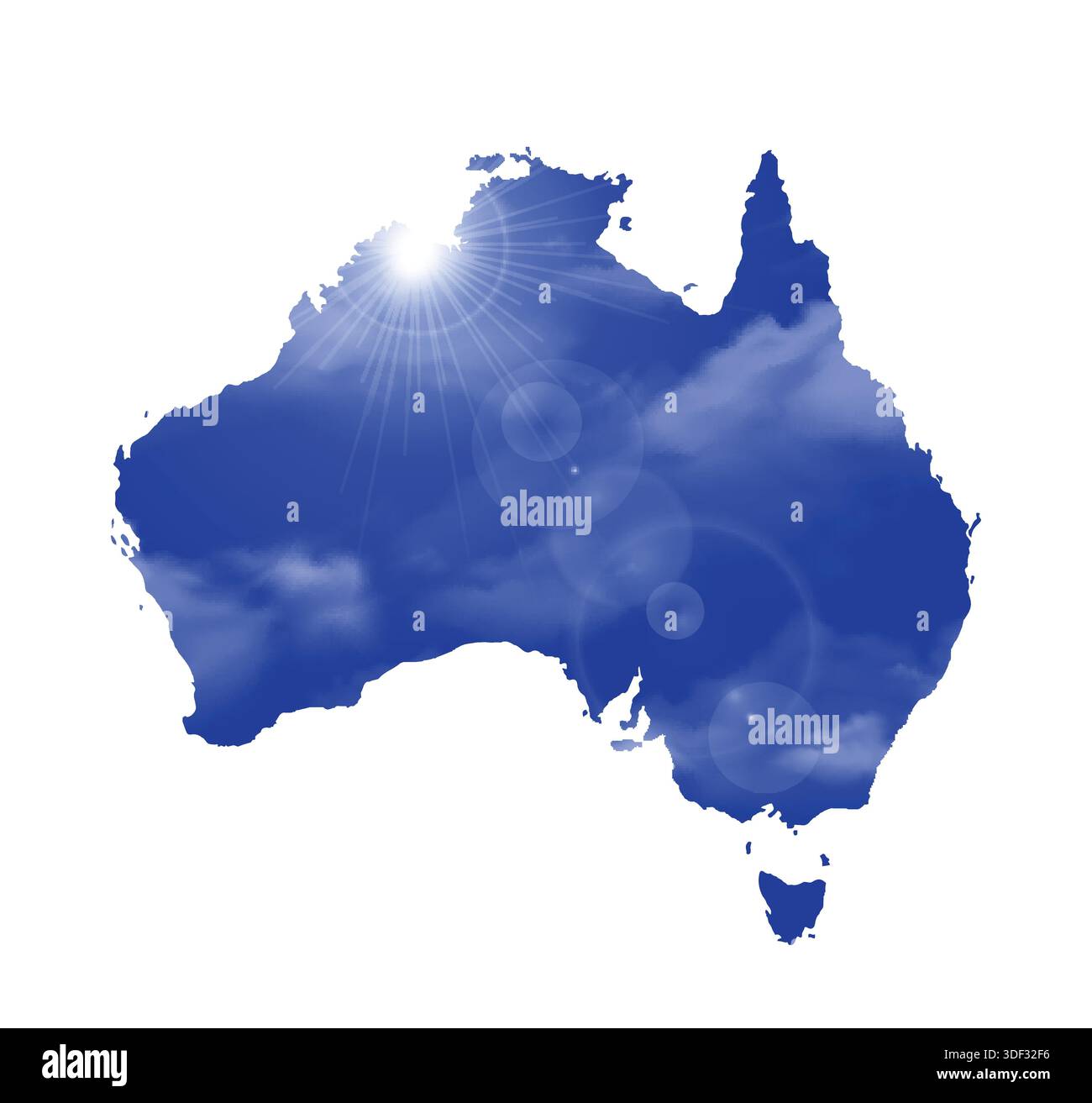 Map of AUSTRALIA with Beautiful Sun and Clouds in Body Stock Vector ...