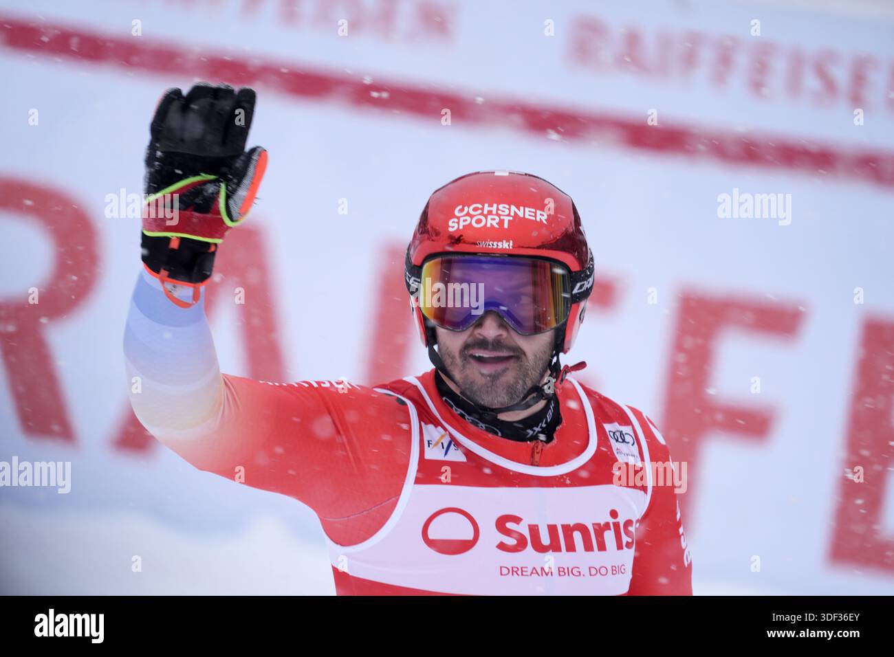 Switzerland's Loic Meillard reacts at the finish line during an alpine ...