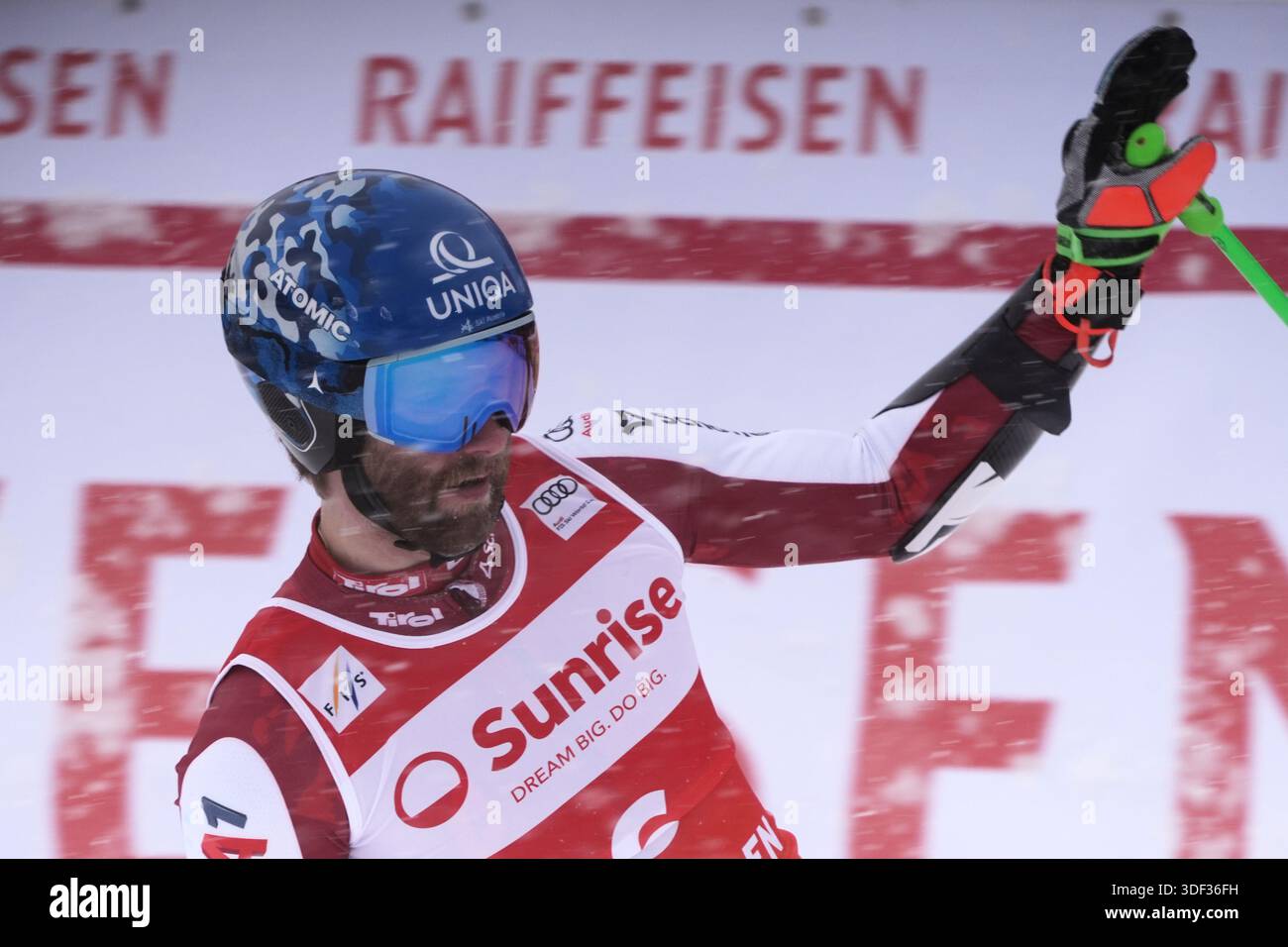Austria's Marco Schwarz reacts at the finish line during an alpine ski ...