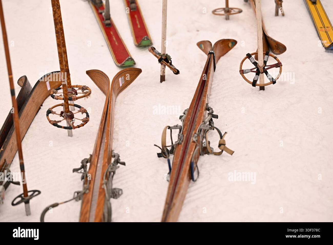 10 January 2026, Bavaria, Krün: Historic skis made of wooden slats lie ...