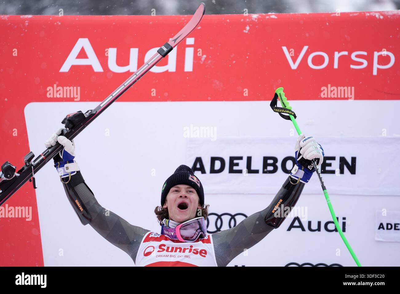 Brazil's Lucas Pinheiro Braathen celebrates on podium after finishing ...