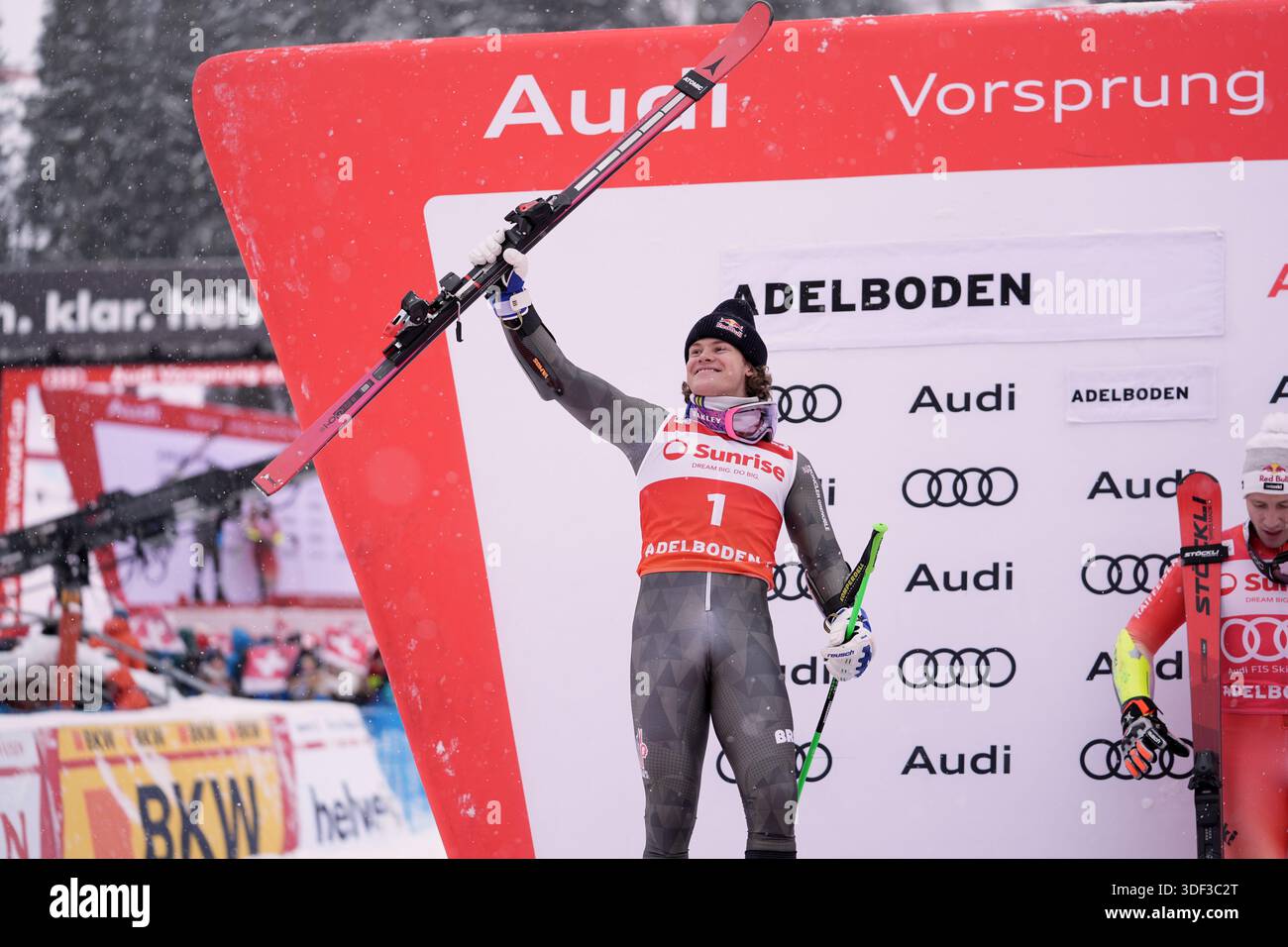 Brazil's Lucas Pinheiro Braathen celebrates on podium after finishing ...