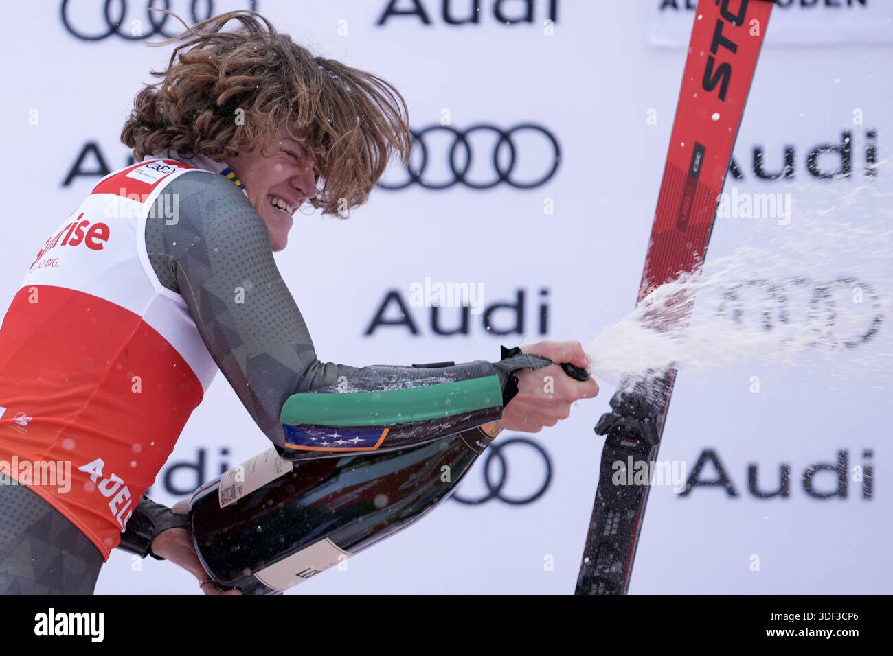 Brazil's Lucas Pinheiro Braathen celebrates on podium after finishing ...