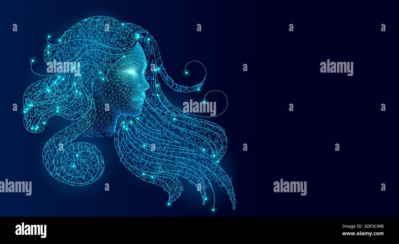 Stylized female face in profile formed by glowing triangular mesh and ...