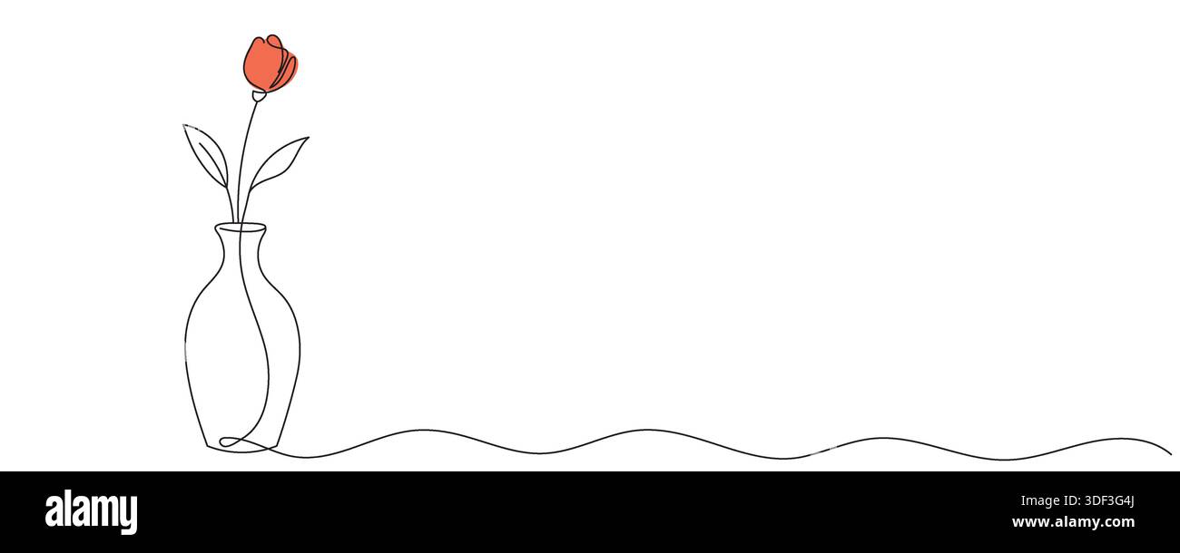 A single-line drawing of flowers in a vase. A flower in a vase, drawn ...