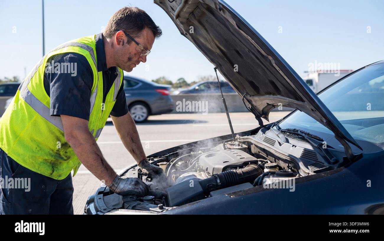 Mechanic in safety vest inspects smoking car engine on roadside. Scene ...
