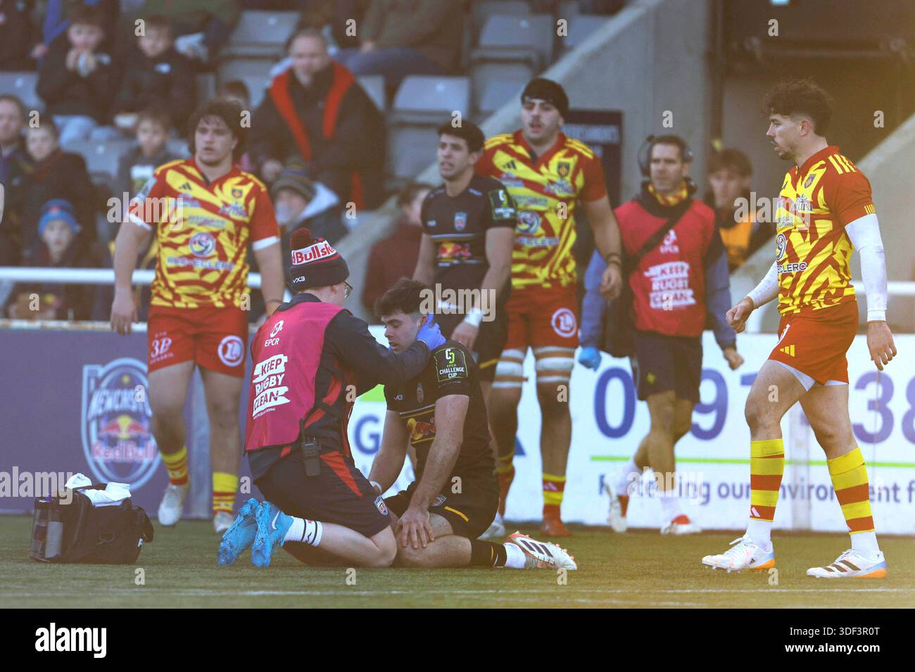Newcastle Red Bulls' Oliver Spencer receives treatment for an injury ...