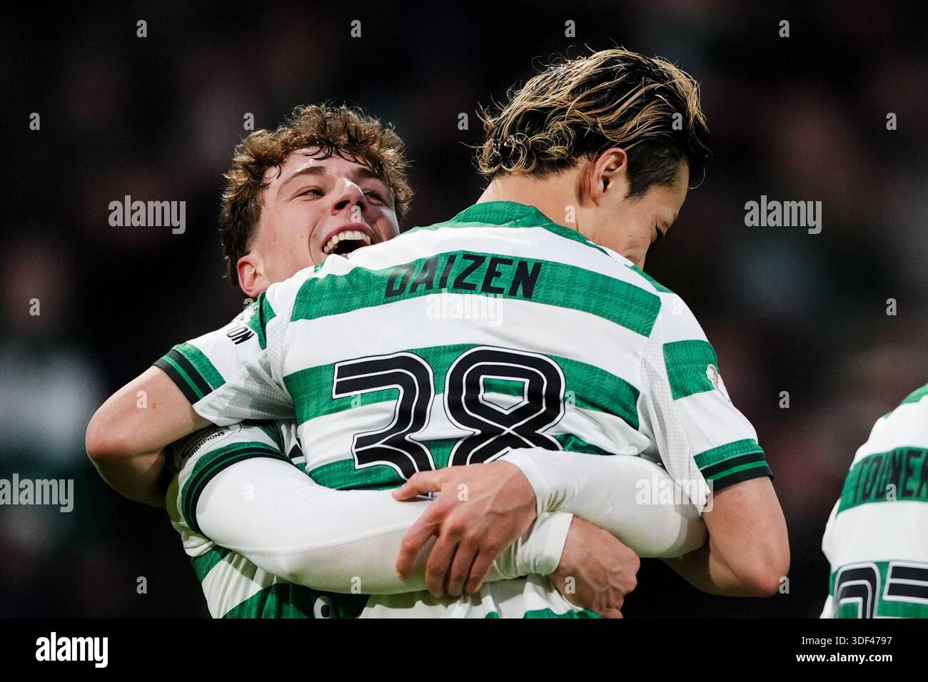 Celtic's Daizen Maeda celebrates scoring with Arne Engels during the ...
