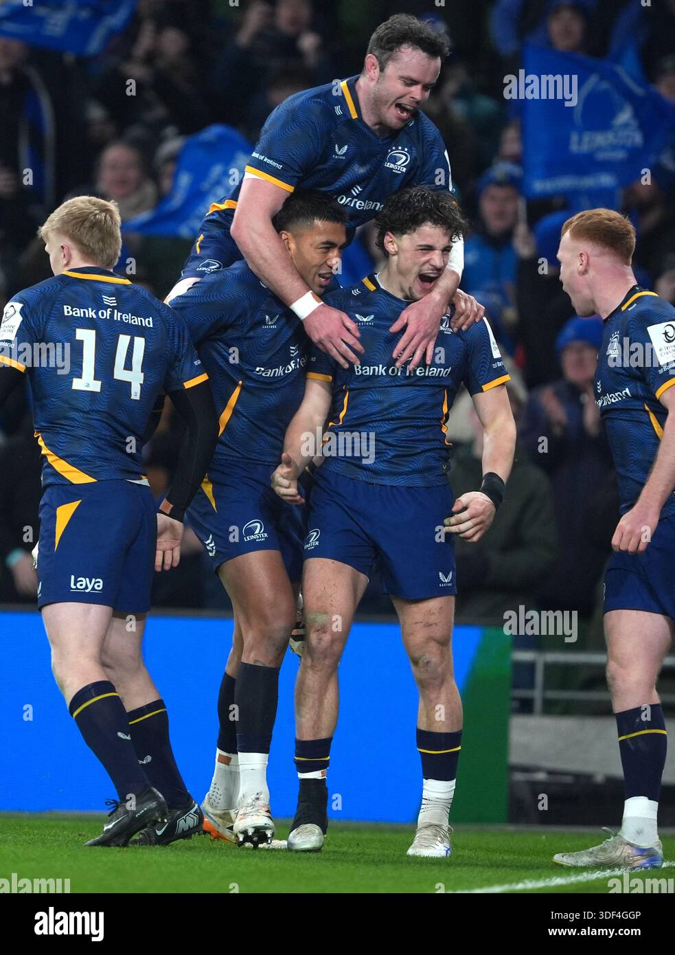 Leinster Rugby's Joshua Kenny (second right) celebrates scoring his ...
