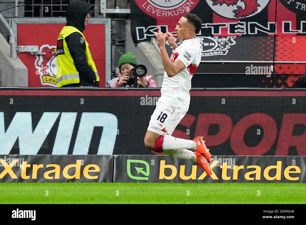 Stuttgart's Jamie Leweling celebrates after scoring his side's opening ...