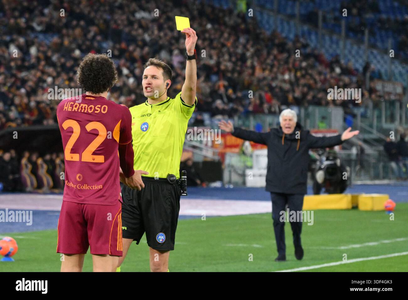 Olimpico Stadium, Rome, Italy - referee Matteo Marcenaro issues a ...