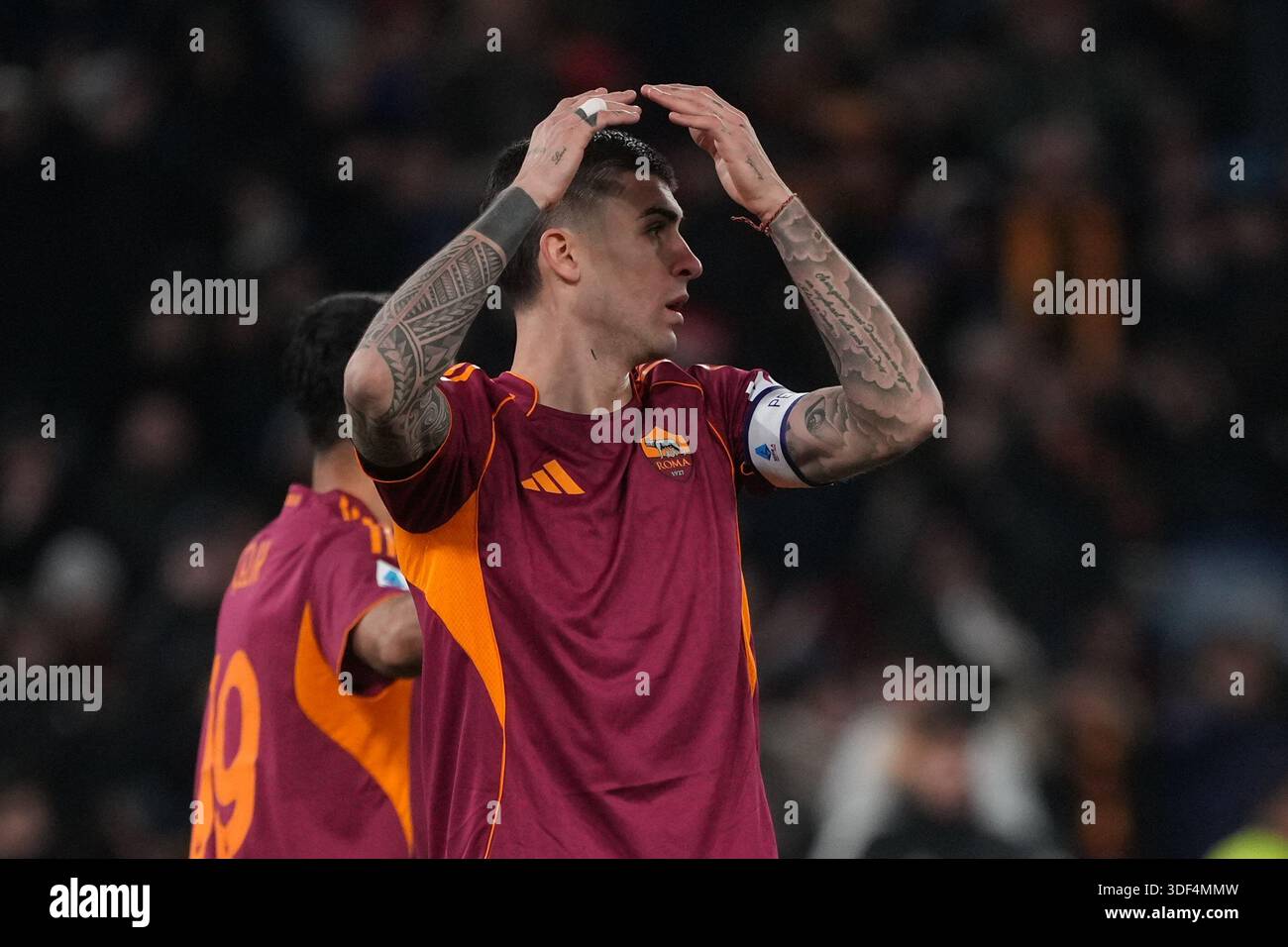 Roma's Gianluca Mancini reacts during a Serie A soccer match between ...