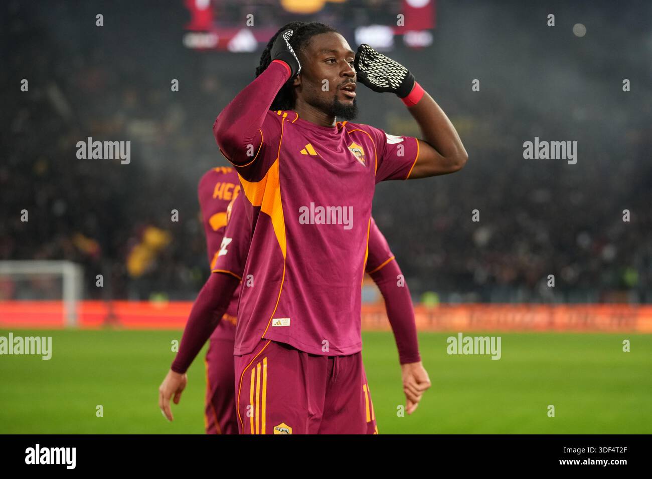 Roma's Manu Kone celebrates after scoring during a Serie A soccer match ...