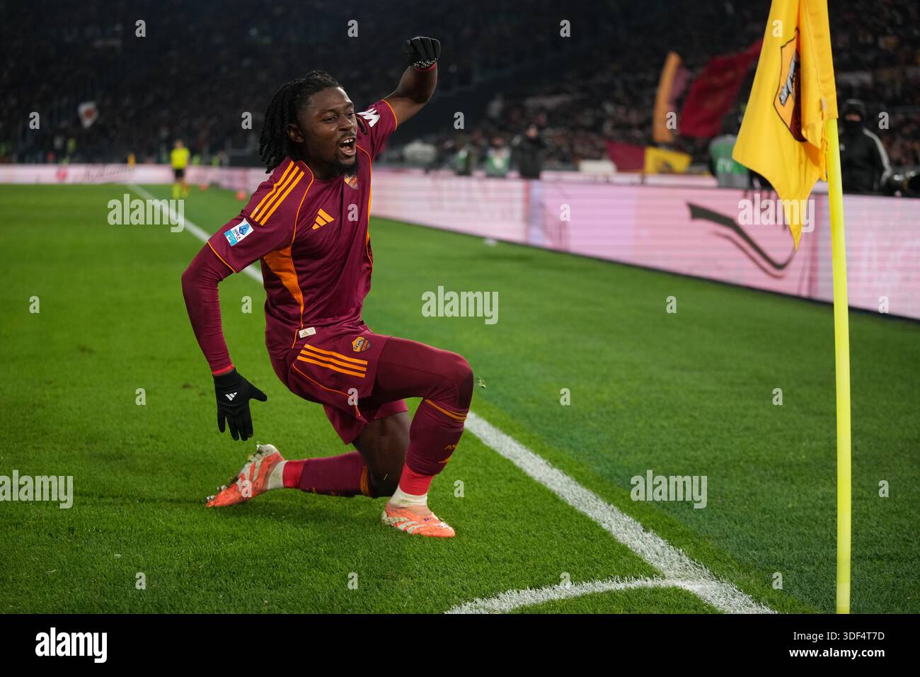 Roma's Manu Kone celebrates after scoring during a Serie A soccer match ...