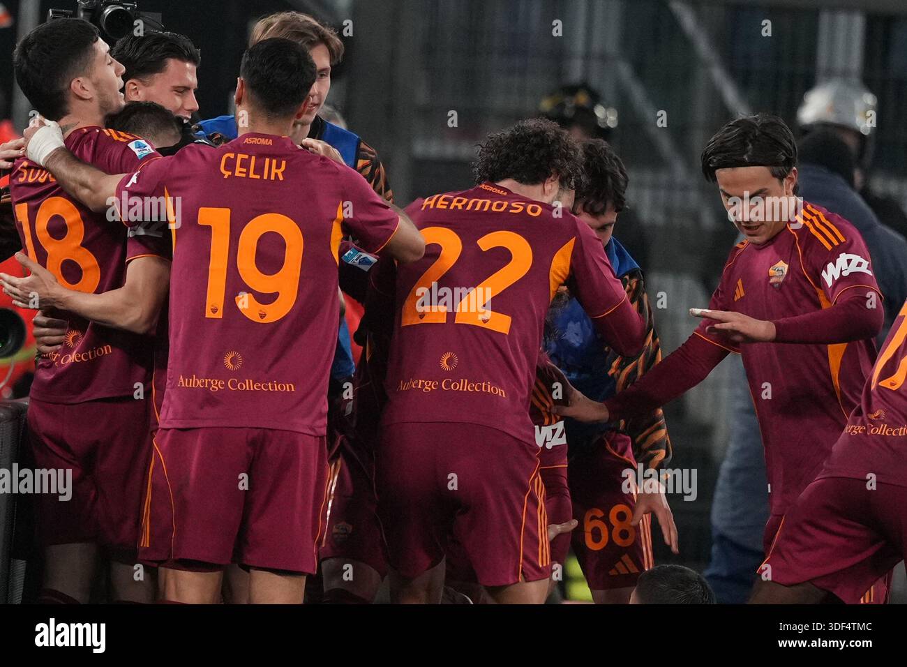 Roma players celebrate after a goal during a Serie A soccer match ...