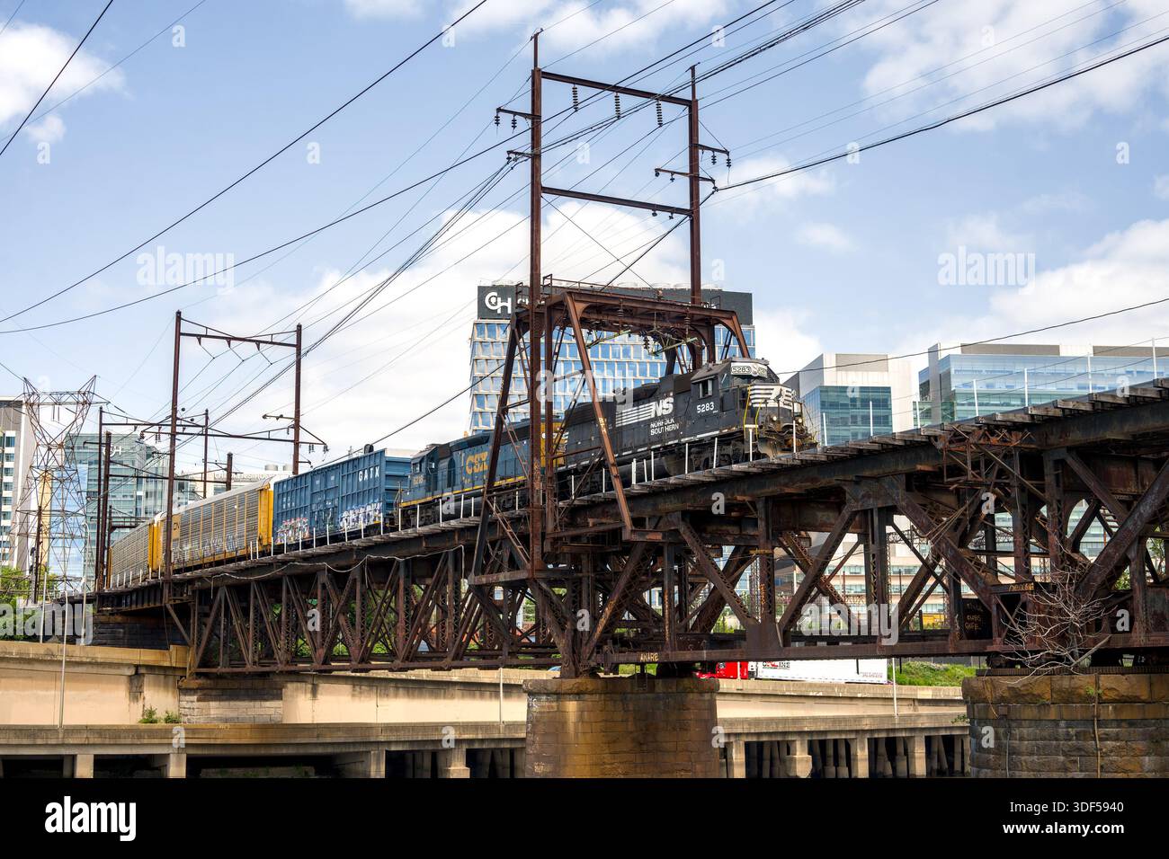 Conrail train crossing the Schuylkill River from University City into ...