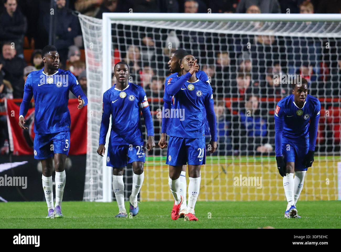 London, England, 10th January 2026. Jorrel Hato of Chelsea points to ...