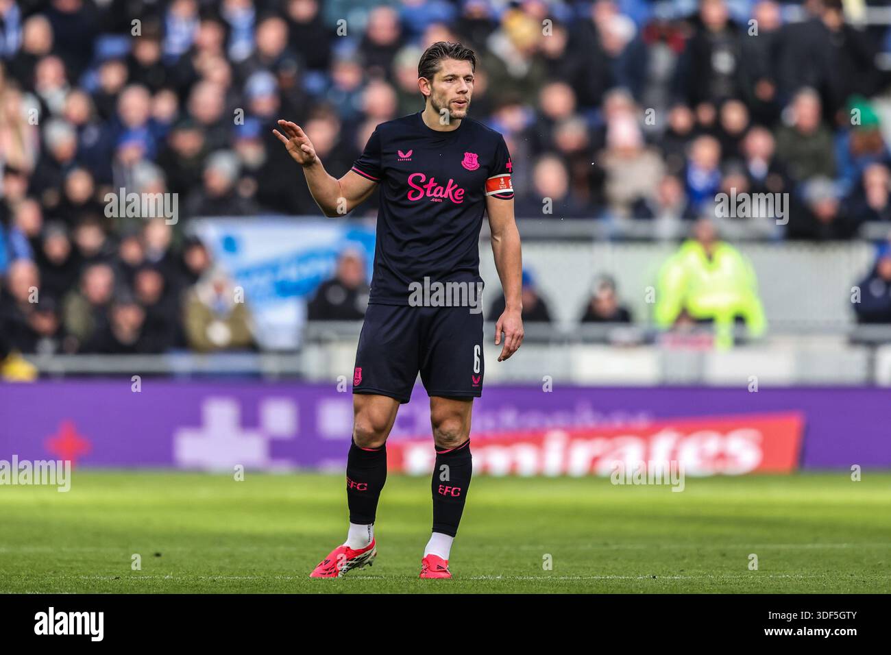 James Tarkowski of Everton gives his team instructions during the ...