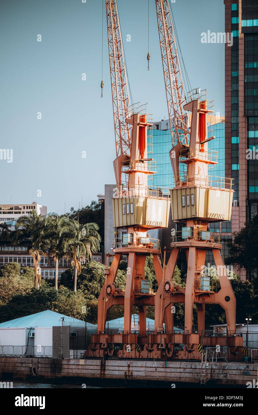 Two tall orange harbor cranes on waterfront dock with palm tree and ...