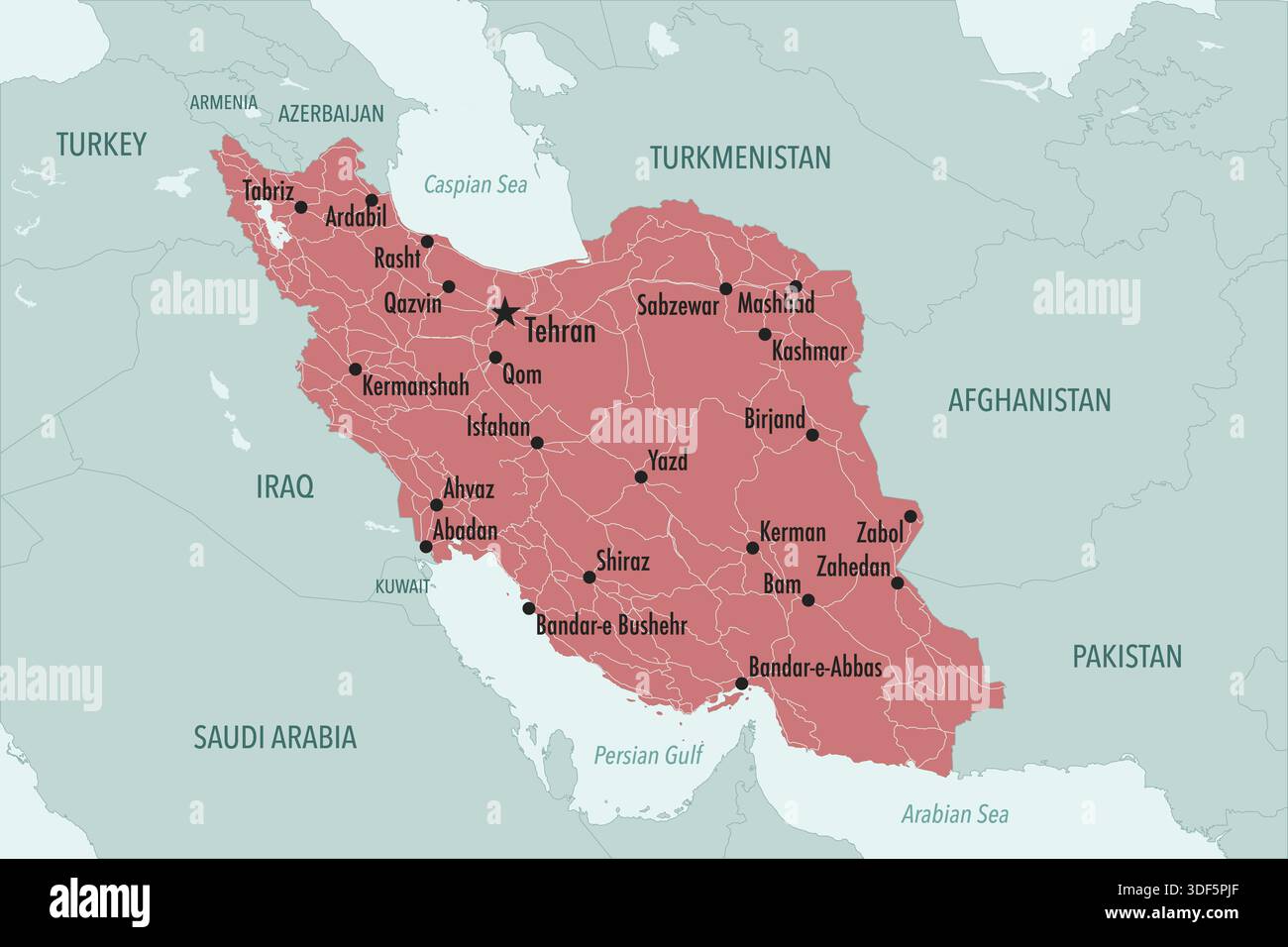 Modern Map of Iran with Major Cities, Roads and Neighboring Countries ...