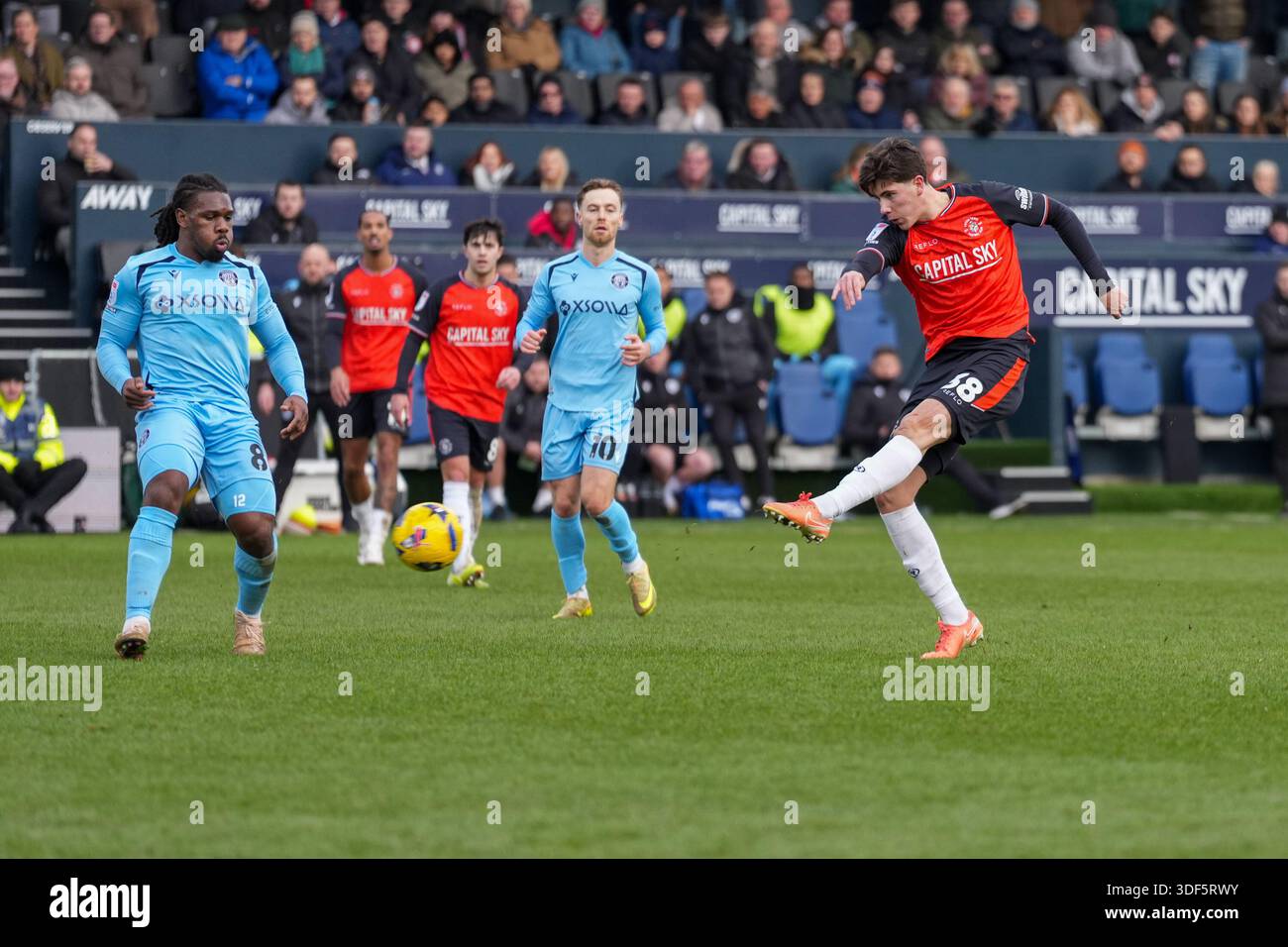 Joe Johnson (38) of Luton Town (right) shoots during the Sky Bet League ...