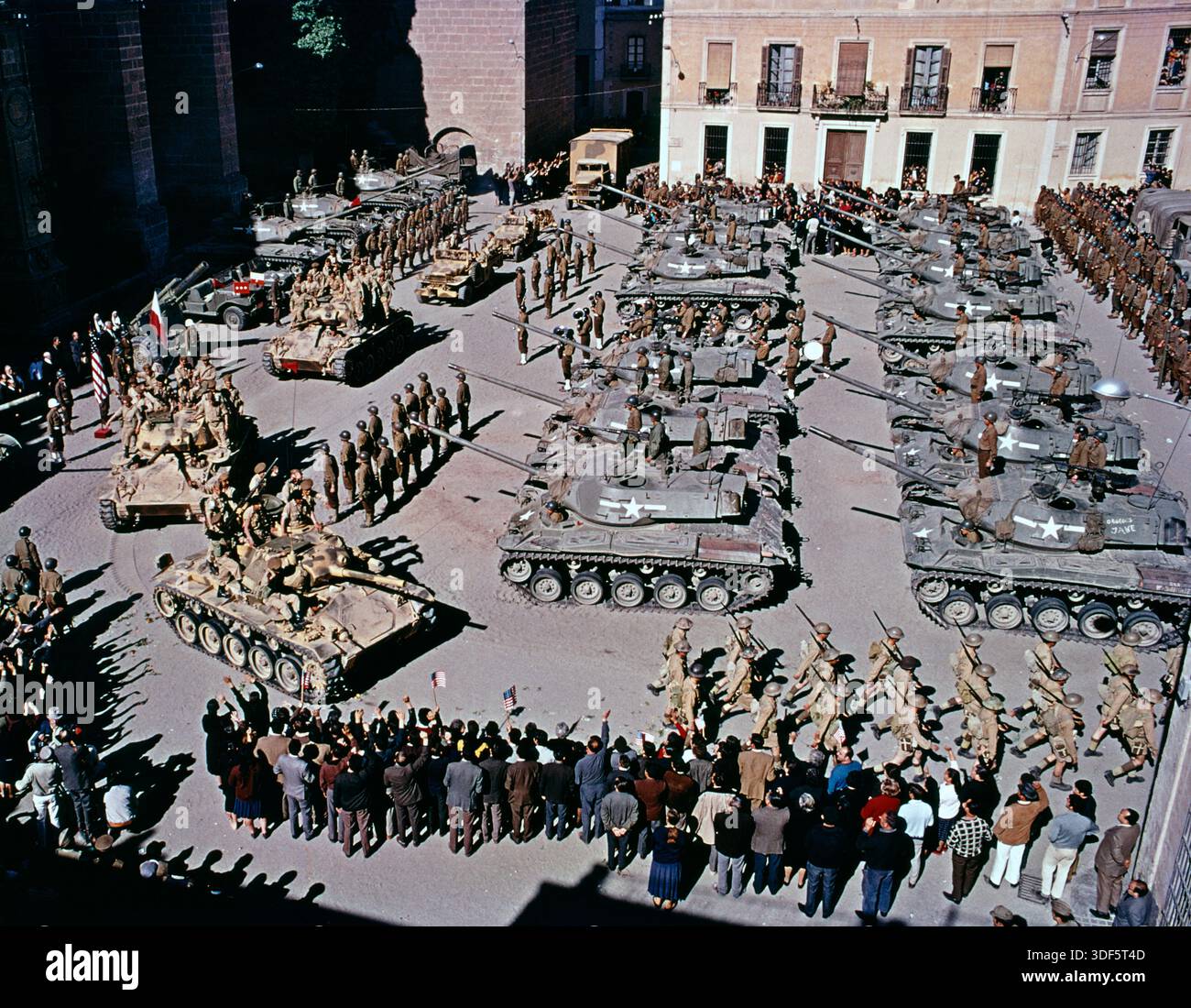 Overhead view of a World War II military equipment parade Stock Photo ...